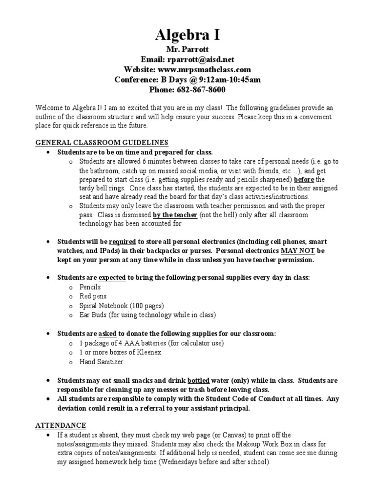 Algebra 1 Course Guidelines | PDF | Homework | Textbook