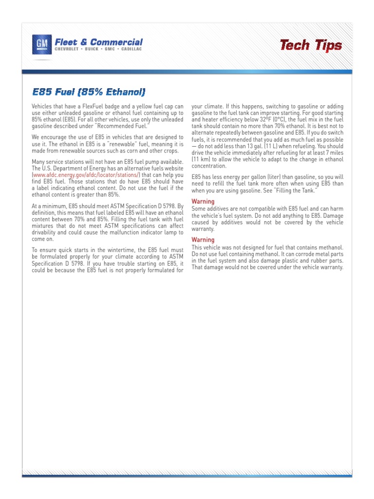 Tech Tips: E85 Fuel (85% Ethanol) | PDF | Gasoline | Fuels