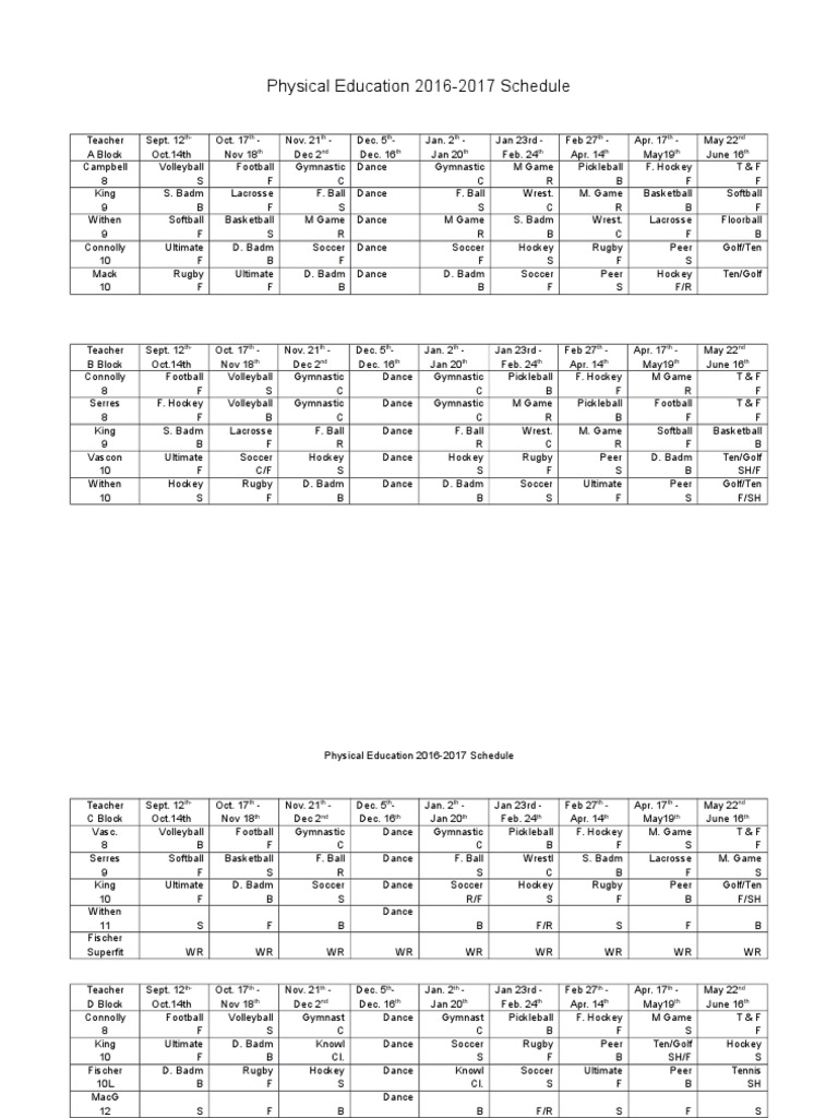 PE Schedule 2016-2017 Post | PDF