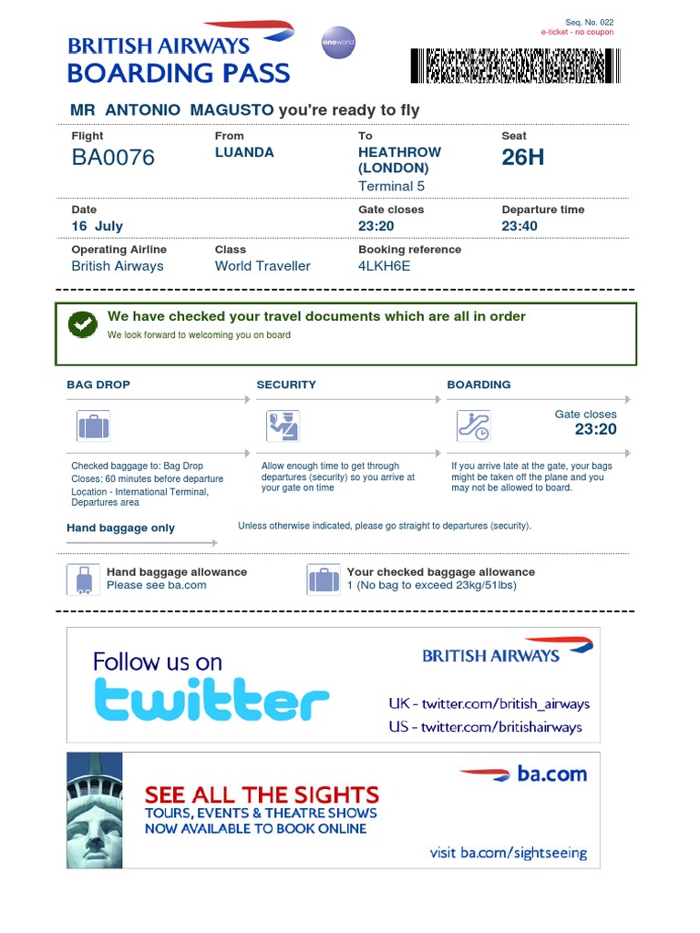 Boarding Pass BA0076 LAD LHR 022 | PDF