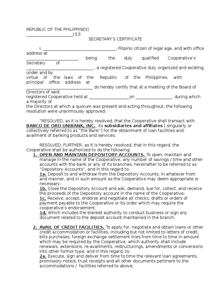 Bdo Secretary's Certificate | PDF | Financial Transaction | Banks