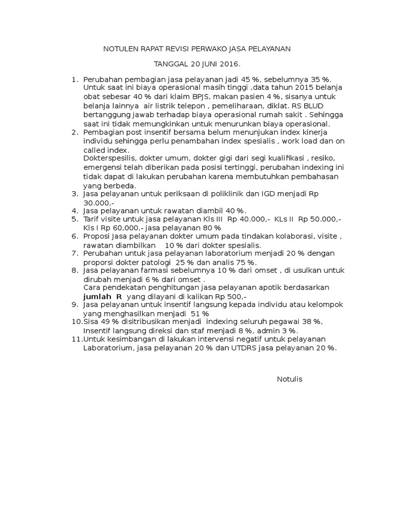 Notulen Rapat Revisi Perwako Jasa Pelayanan | PDF