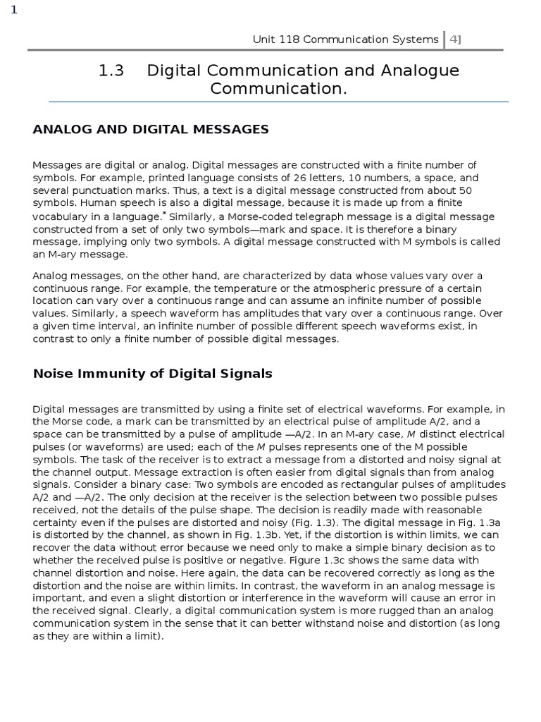 1.3 Digital Communication and Analogue | PDF | Digital Signal | Sampling (Signal Processing)