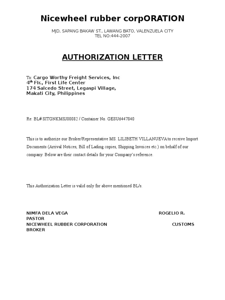 Consignee Authorization Letter NICEWHEEL | PDF | Law