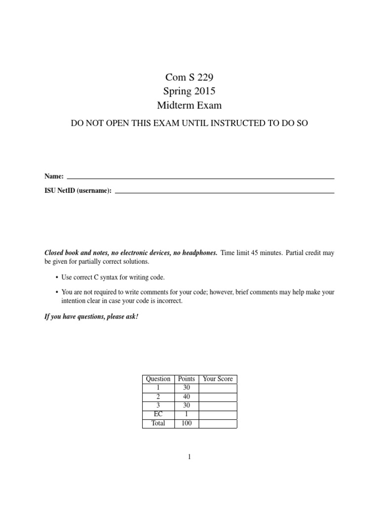Com S 229 Spring 2015 Midterm Exam: Do Not Open This Exam Until ...