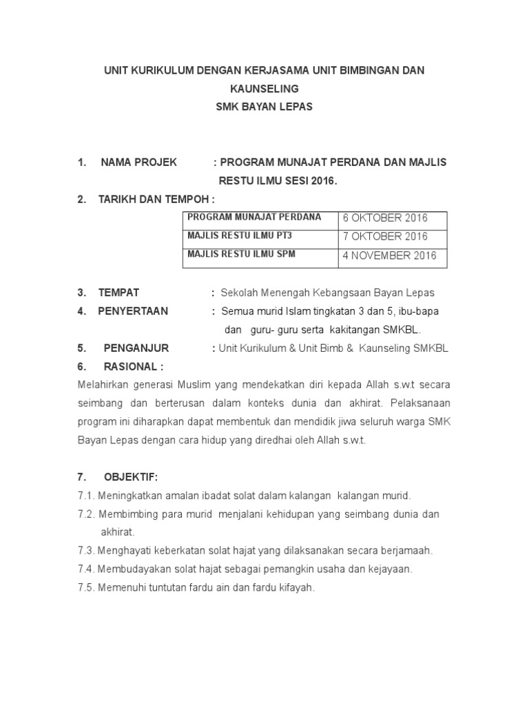 Kertas Kerja Program Munajat Ilmu & Restu Ilmu Pt3 Dan SPM 2016 | PDF