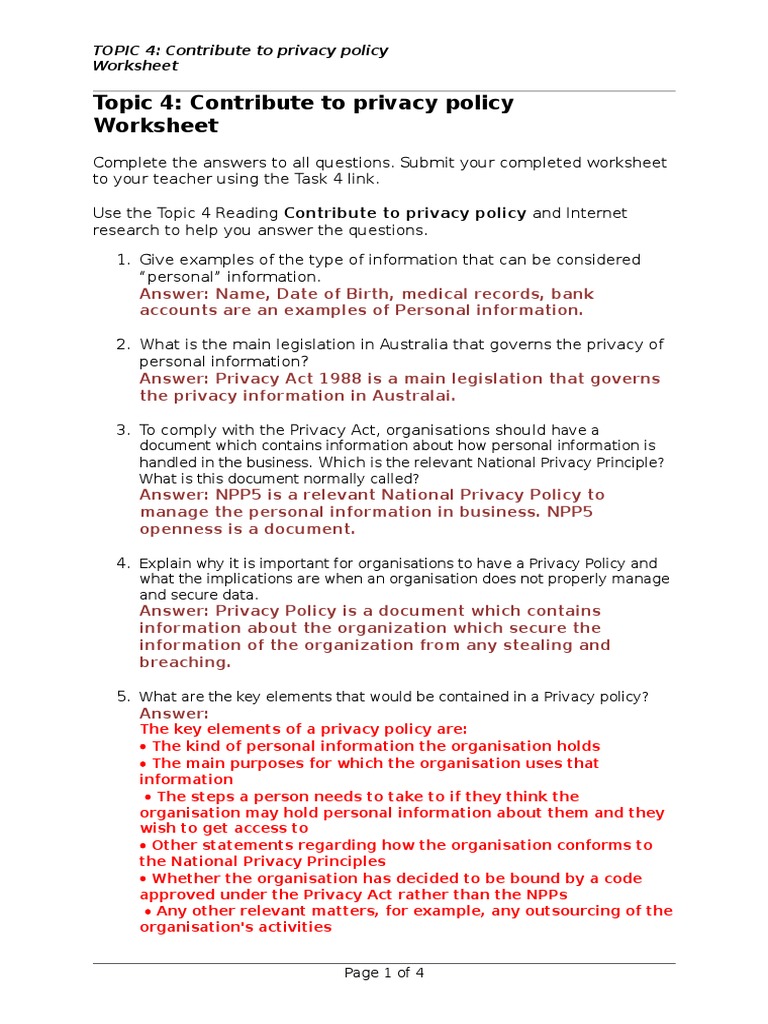 Contribute To Privacy Policy Worksheet | PDF | Privacy Policy | Privacy