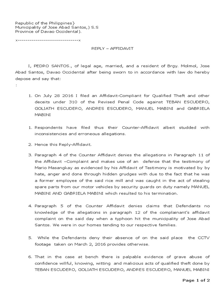 Reply-Affidavit Against Teban and Goliath | PDF | Affidavit | Legal ...