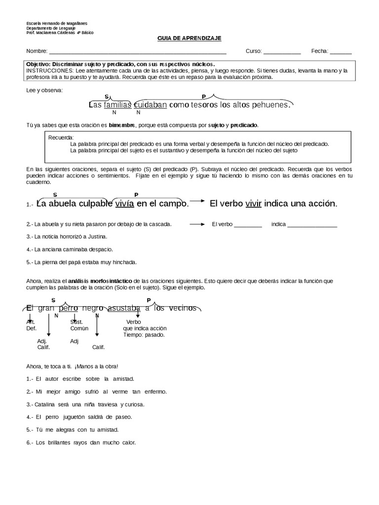 Guía de Aprendizaje Sujeto y Predicado 4° Básicos 2012 | PDF ...