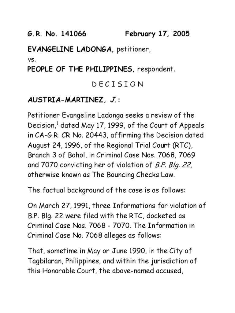 G.R. No. 141066 February 17, 2005 EVANGELINE LADONGA, Petitioner ...