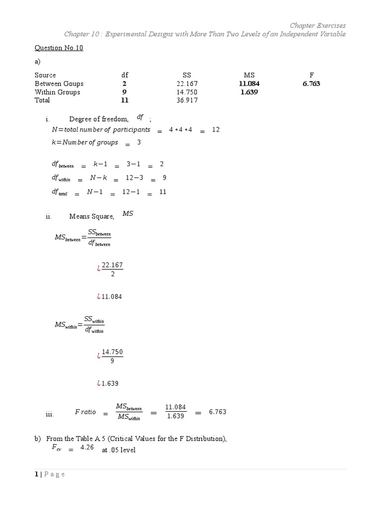 Chapter Exercises Chapter 10: Experimental Designs With More Than Two Levels of An Independent ...