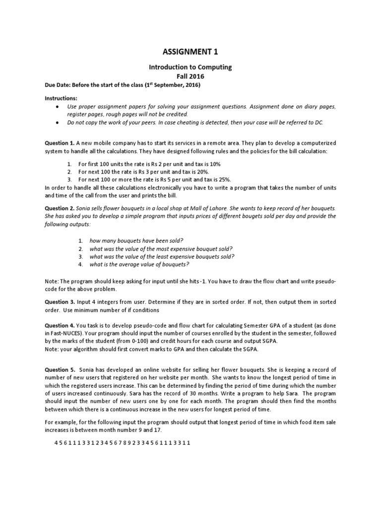 Assignment 1: Introduction To Computing Fall 2016 | PDF | Course Credit | Applied Mathematics