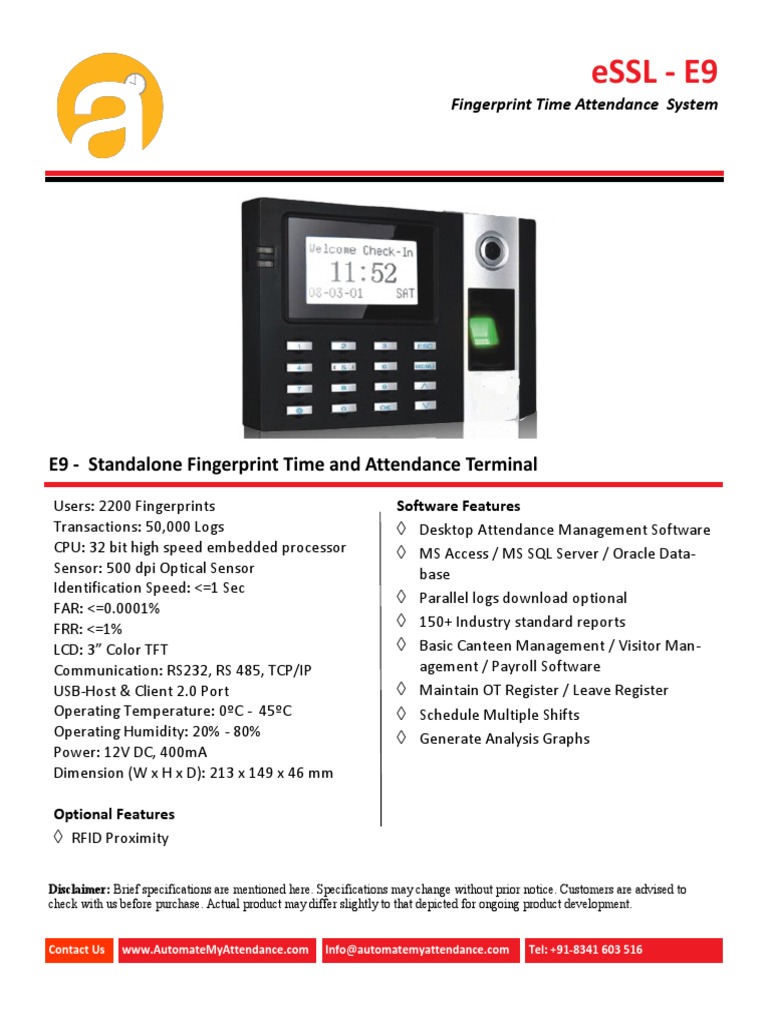 eSSL - E9: E9 - Standalone Fingerprint Time and Attendance Terminal ...