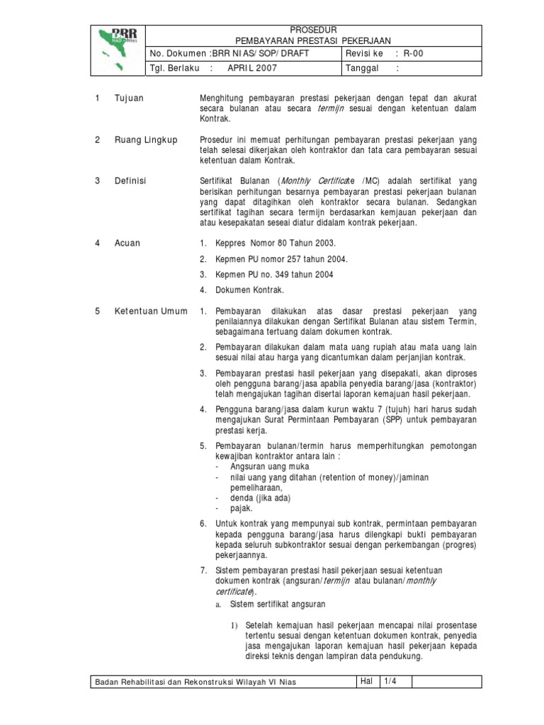 SOP Draft Prosedur Pembayaran Prestasi Pekerjaan PDF | PDF