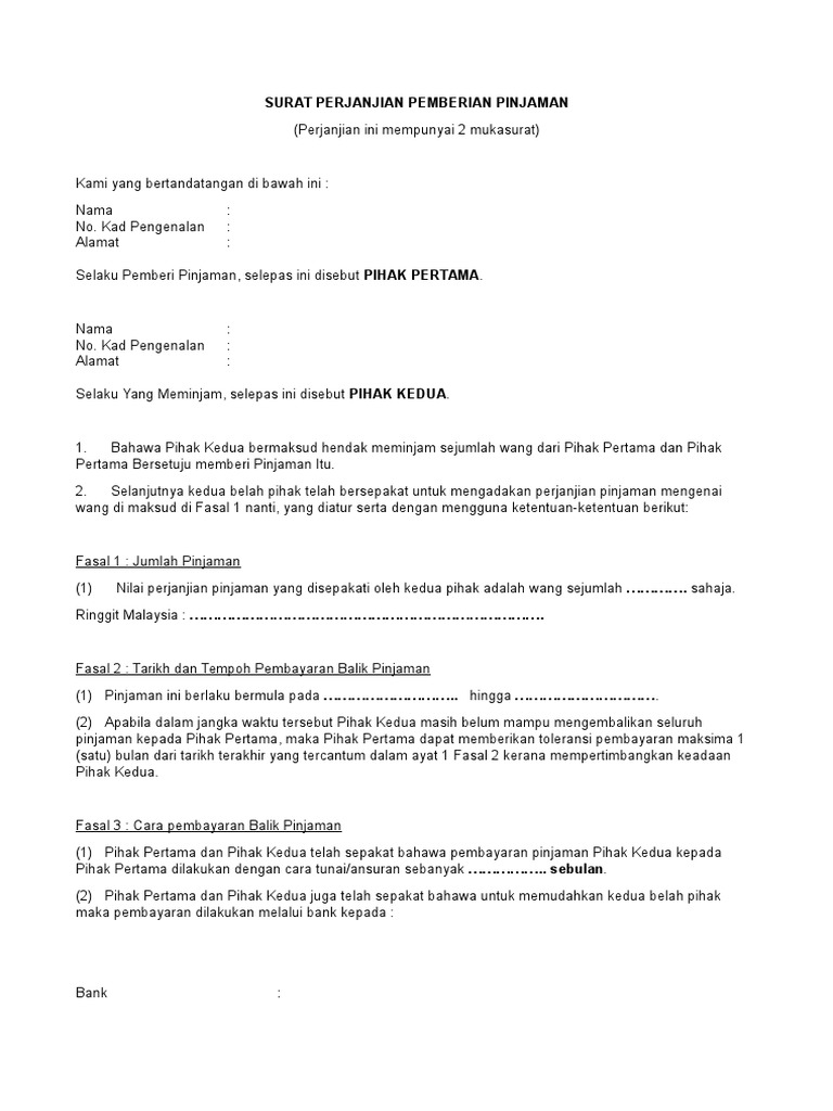 Surat Perjanjian Pemberian Pinjaman Ringkas | PDF
