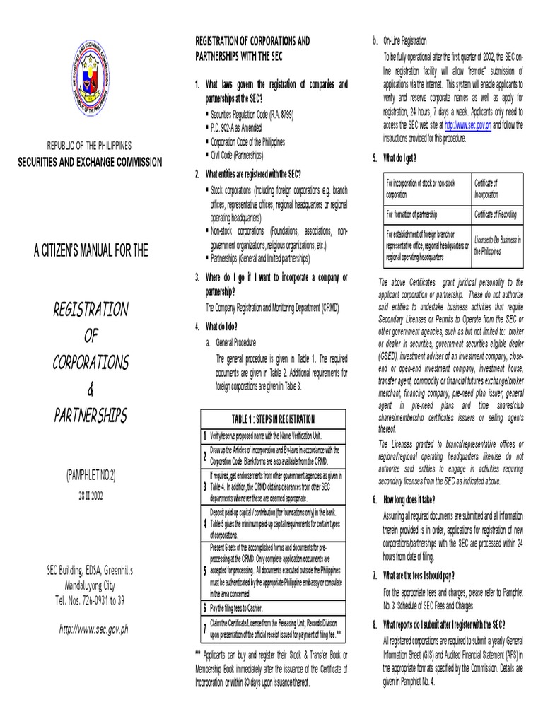 SEC Registration Guide for Companies & Partnerships | PDF | Securities ...
