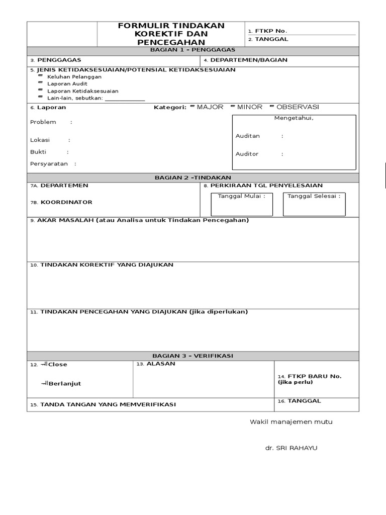 Formulir Tindakan Korektif dan Pencegahan | PDF