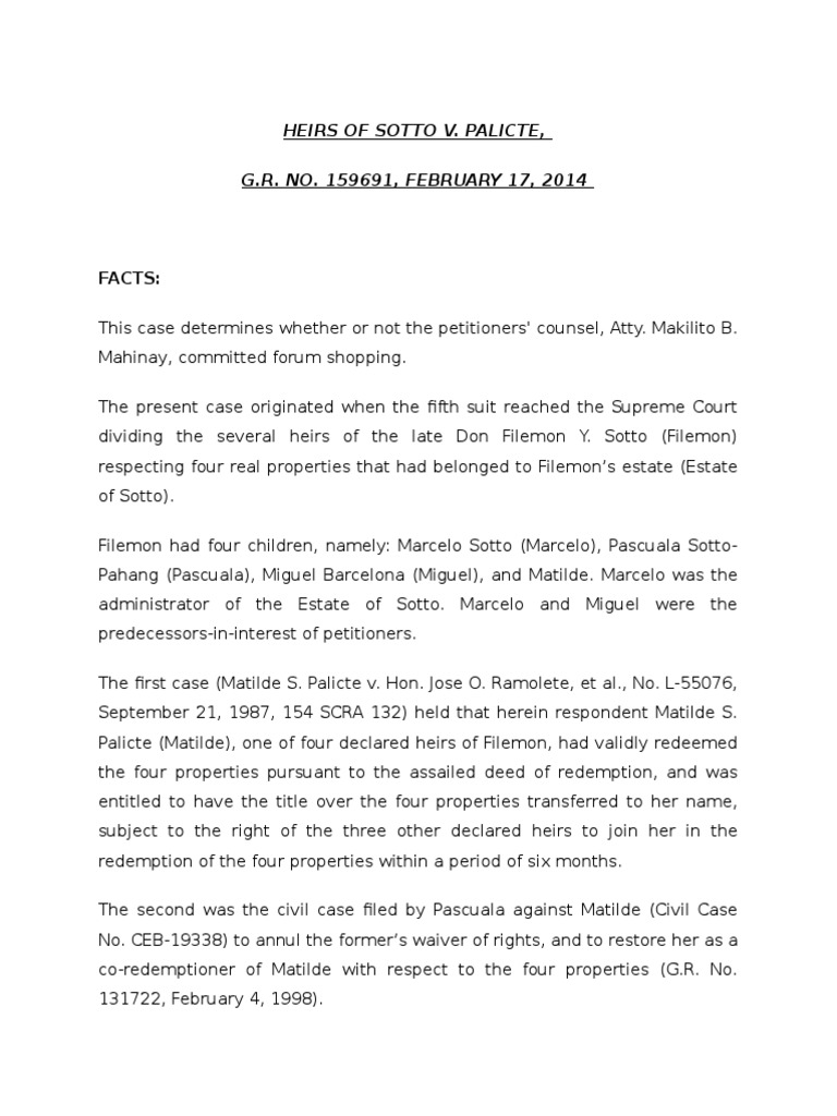Heirs of Sotto V. Palicte, G.R. NO. 159691, FEBRUARY 17, 2014 | PDF ...