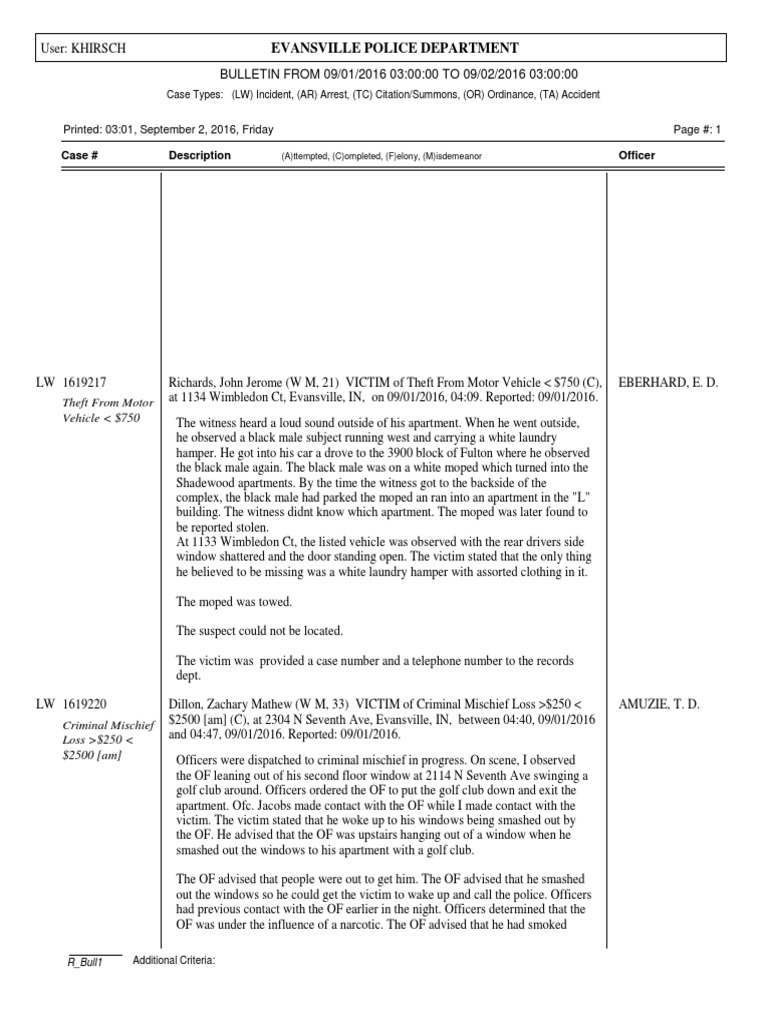 Evansville Police Bulletin - September 2, 2016 | PDF | Burglary | Crime ...