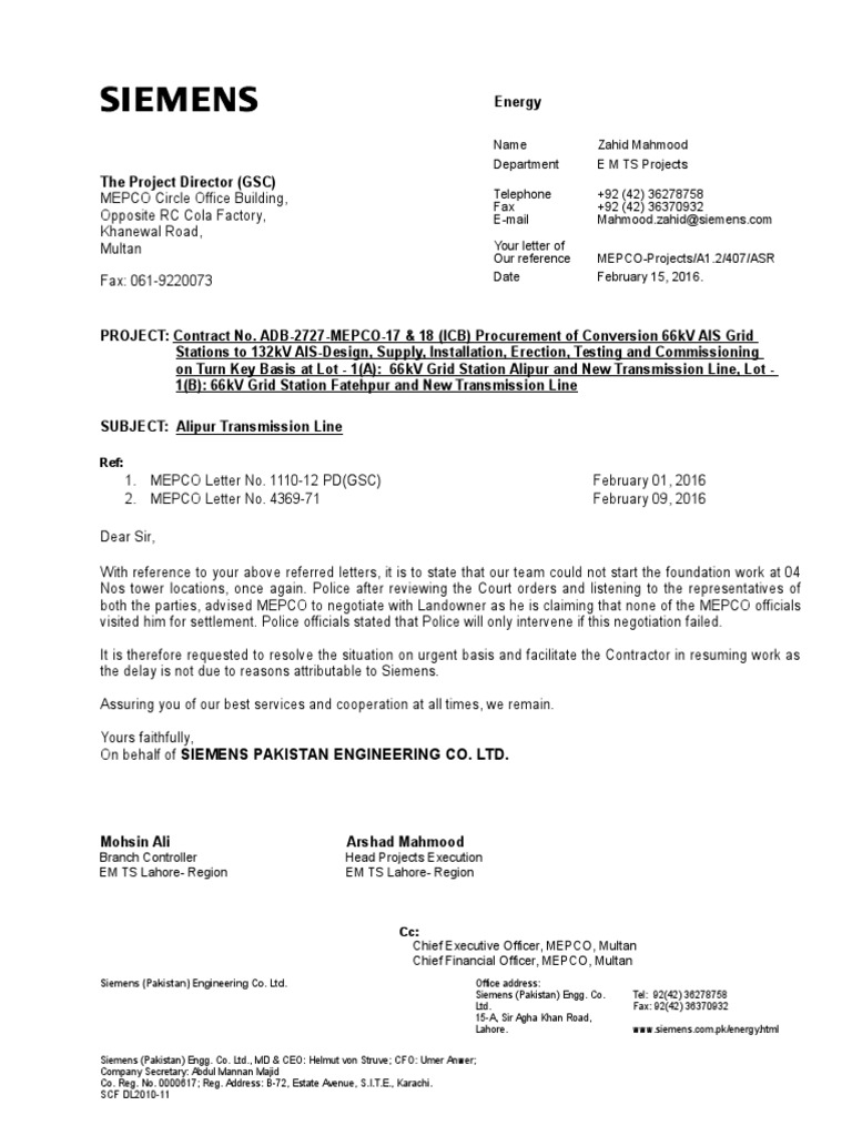 Letter 407 Alipur Transmission Line (FINAL) | PDF