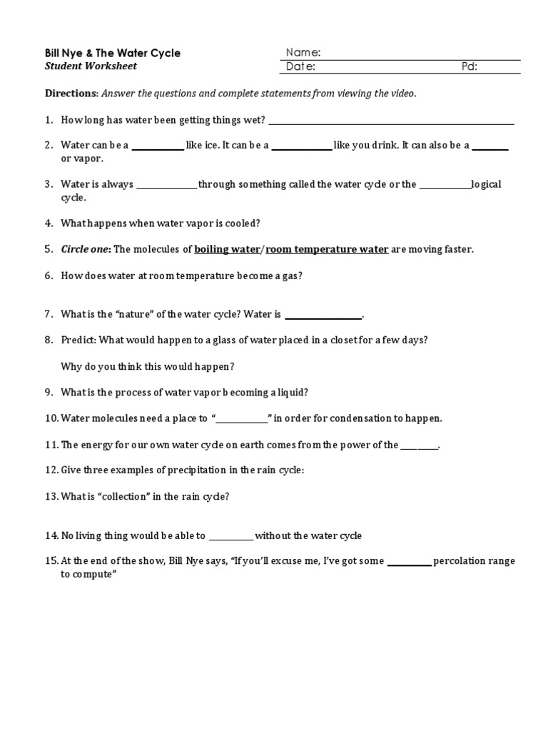 Student Worksheet: Bill Nye & The Water Cycle | PDF