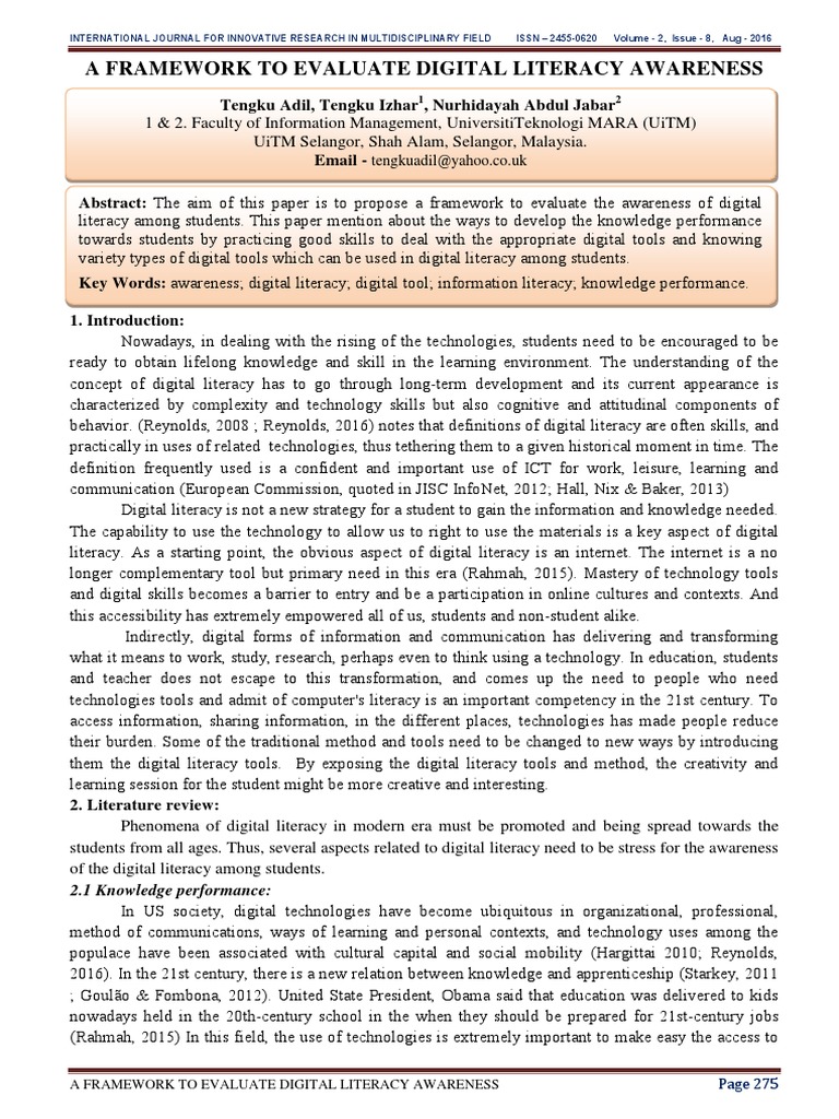 A Framework To Evaluate Digital Literacy Awareness: Tengku Adil, Tengku ...