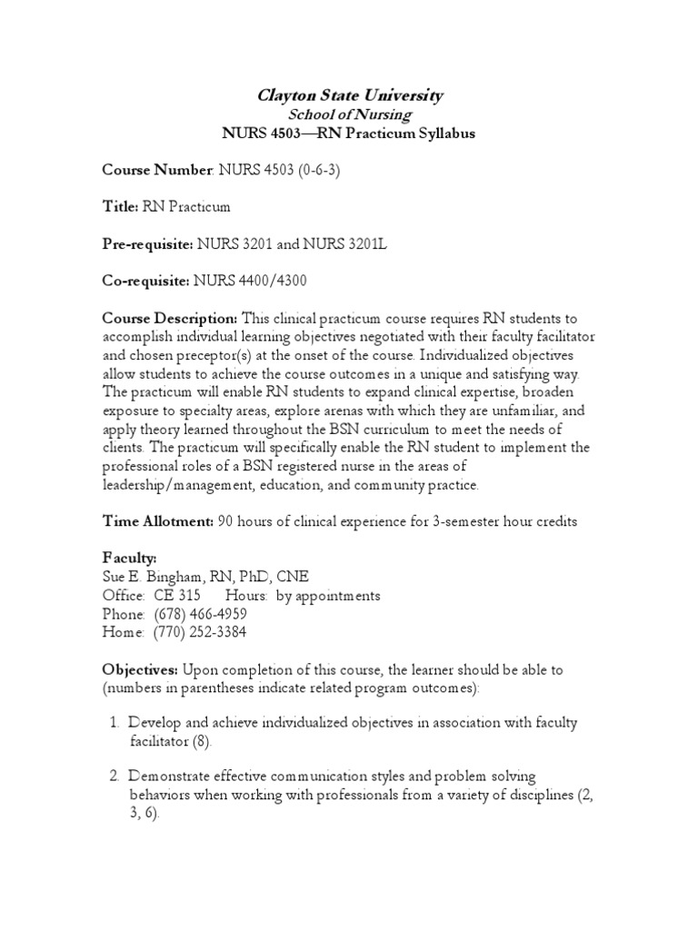 Clayton State RN Practicum Syllabus | PDF | Nursing | Evaluation