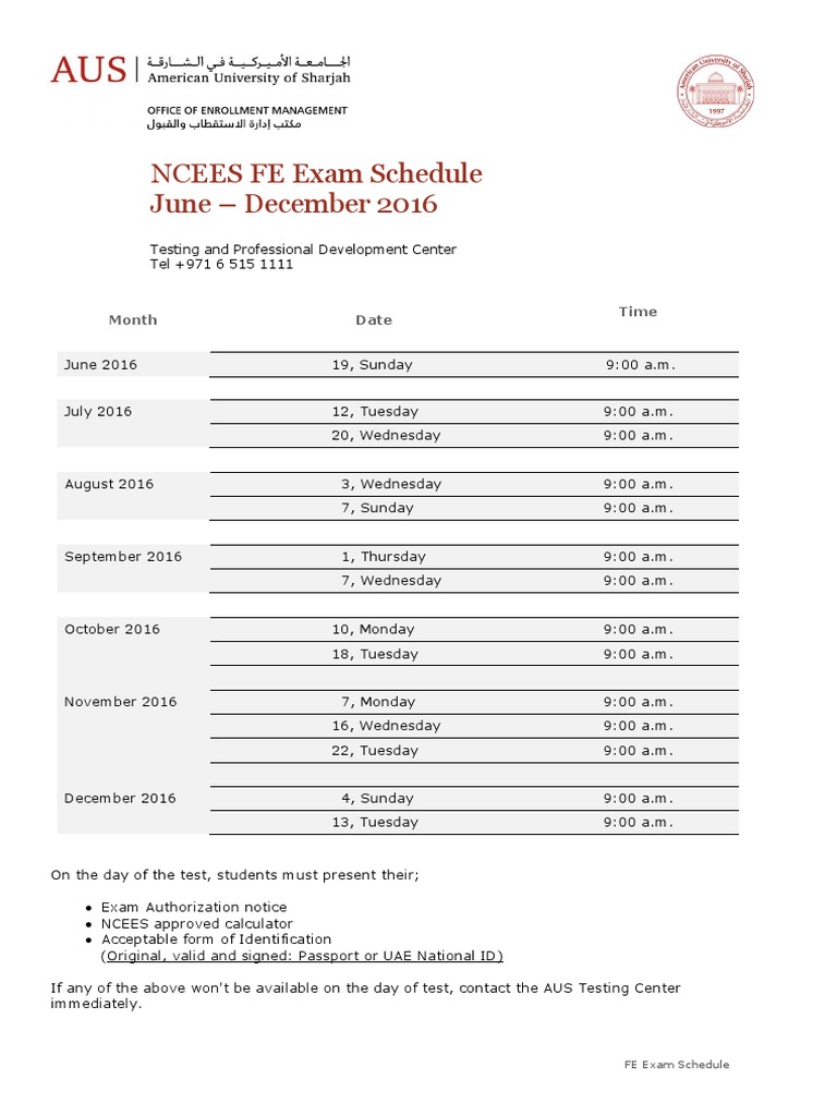 NCEES FE Exam Schedule For June - December 2016 | PDF