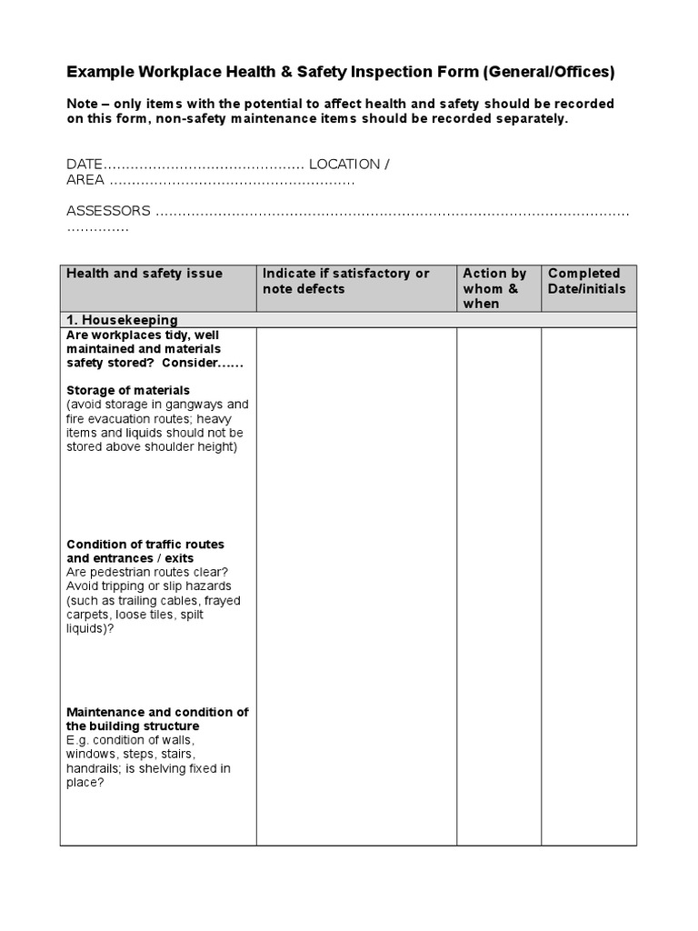 Workplace Health & Safety Inspection Form | PDF | Occupational Safety ...
