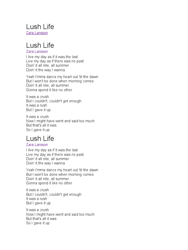 Lush Life Lyrics by Zara Larsson | PDF | Political Songs | Swedish Songs