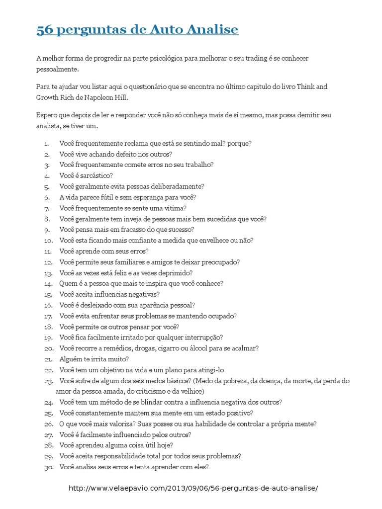 56 Perguntas para Autoanálise Pessoal | PDF | Vida