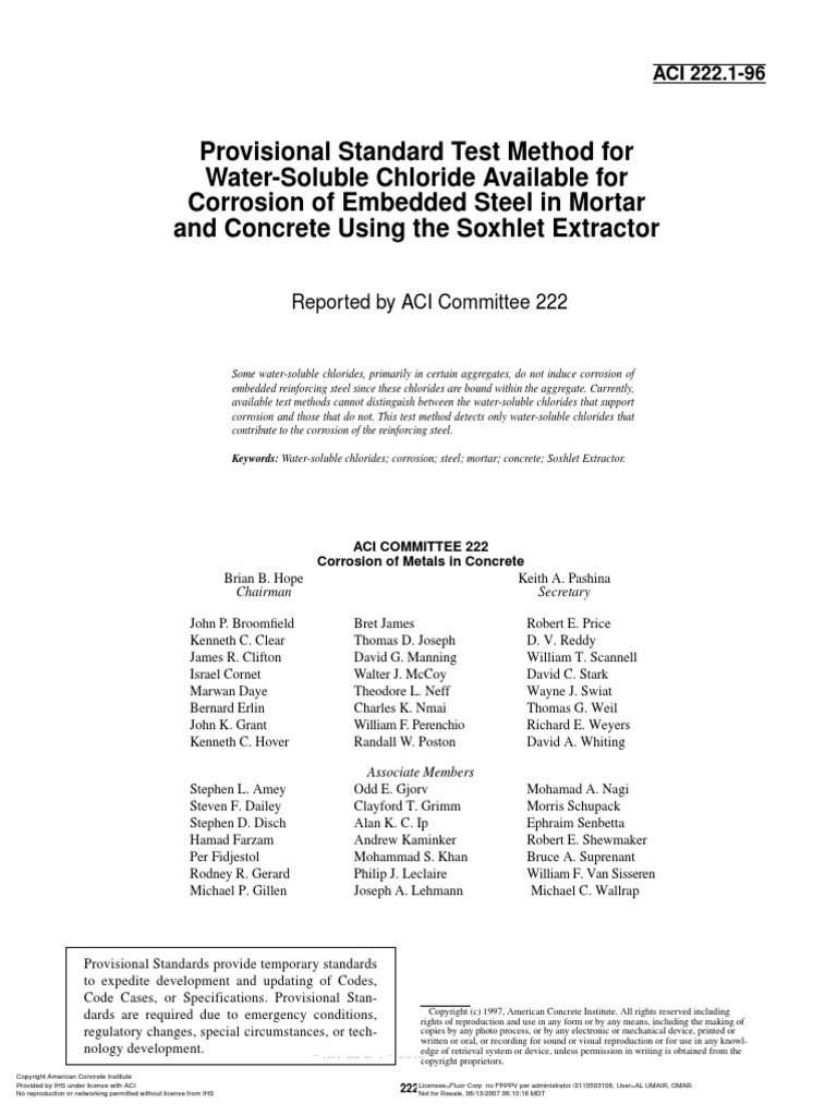 ACI 222.1-96 Test Method For Water Soluble Chloride PDF | PDF ...