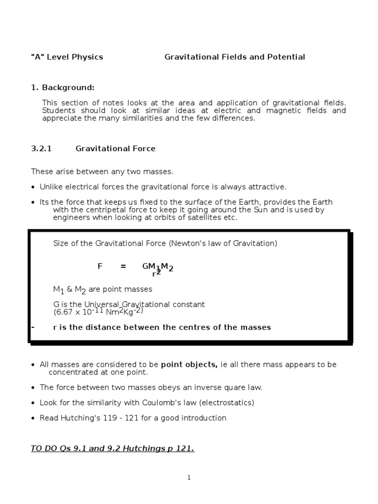 "A" Level Physics Gravitational Fields and Potential: TO DO Qs 9.1 and 9.2 Hutchings P 121 | PDF ...