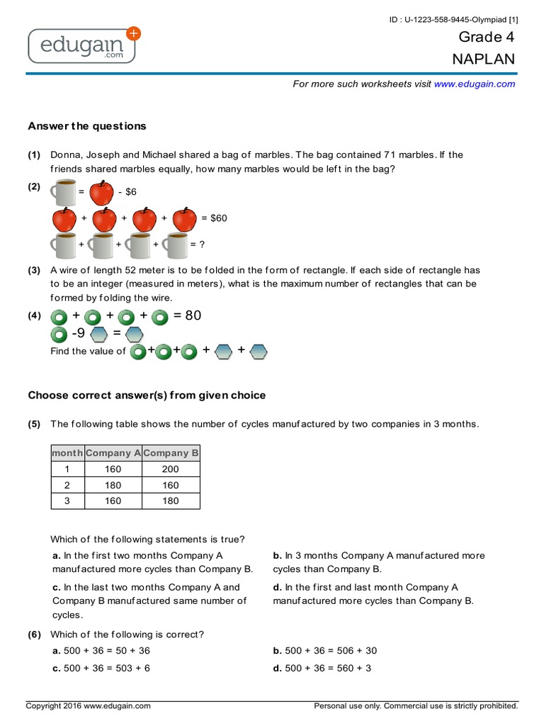 Naplan Year 4 Maths Sample Practice Paper | Multiplication | Physics ...