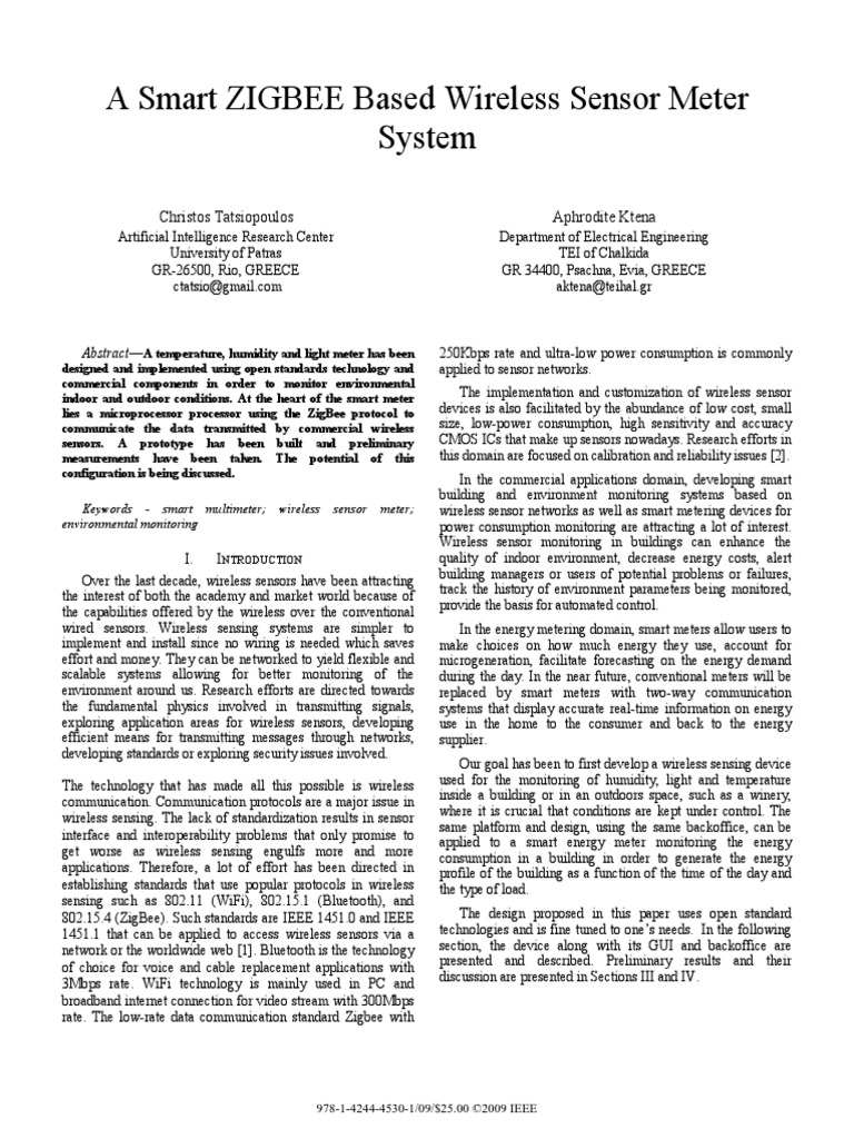 A Smart ZIGBEE Based Wireless Sensor Meter System: Christos Tatsiopoulos Aphrodite Ktena | PDF ...