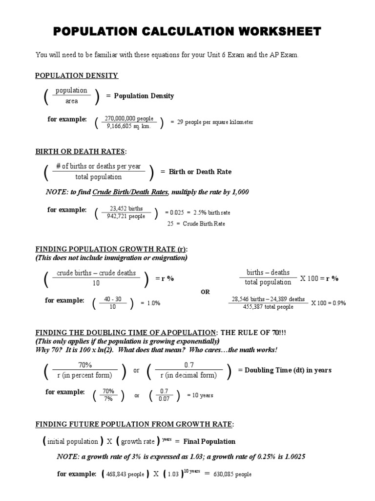 Population Calculation Worksheet 1 | PDF | Environmental Social Science ...