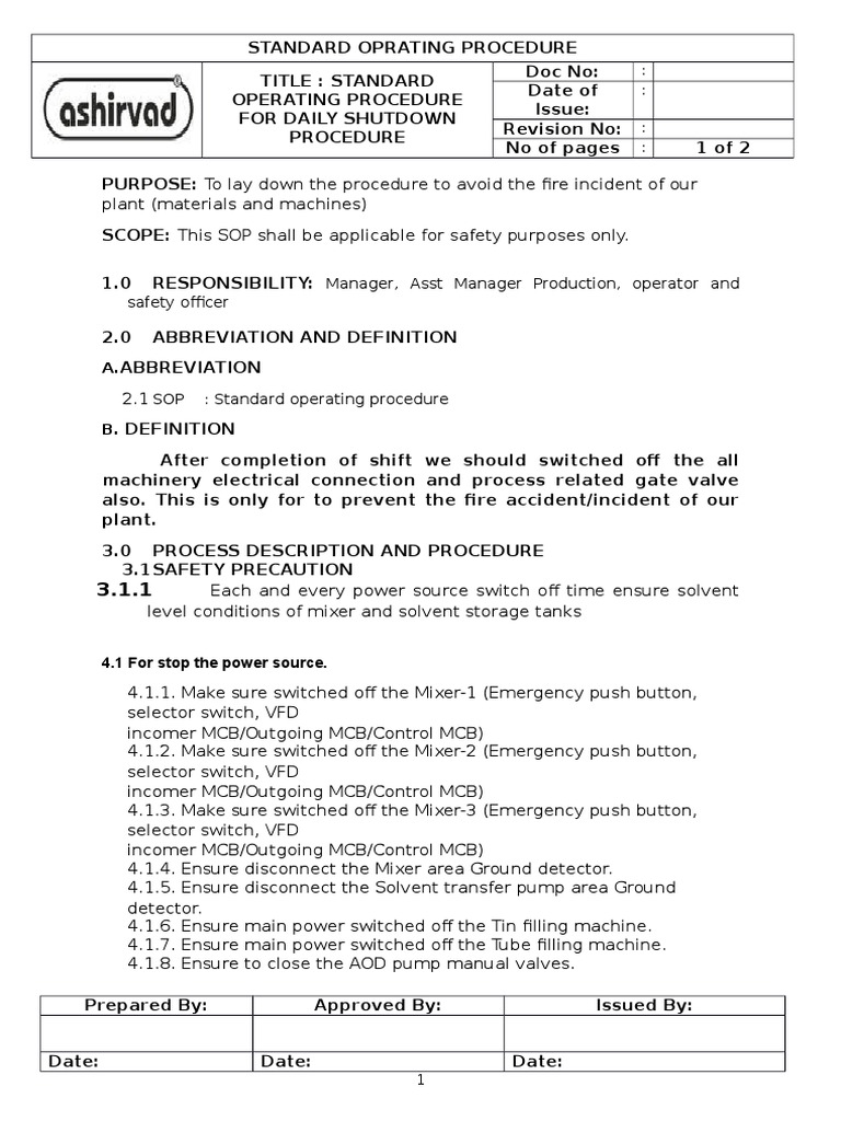 Sop Shutdown Precedure | PDF | Switch | Valve