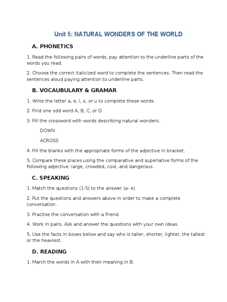 Unit 5: Natural Wonders of The World: A. Phonetics | PDF | Sentence ...