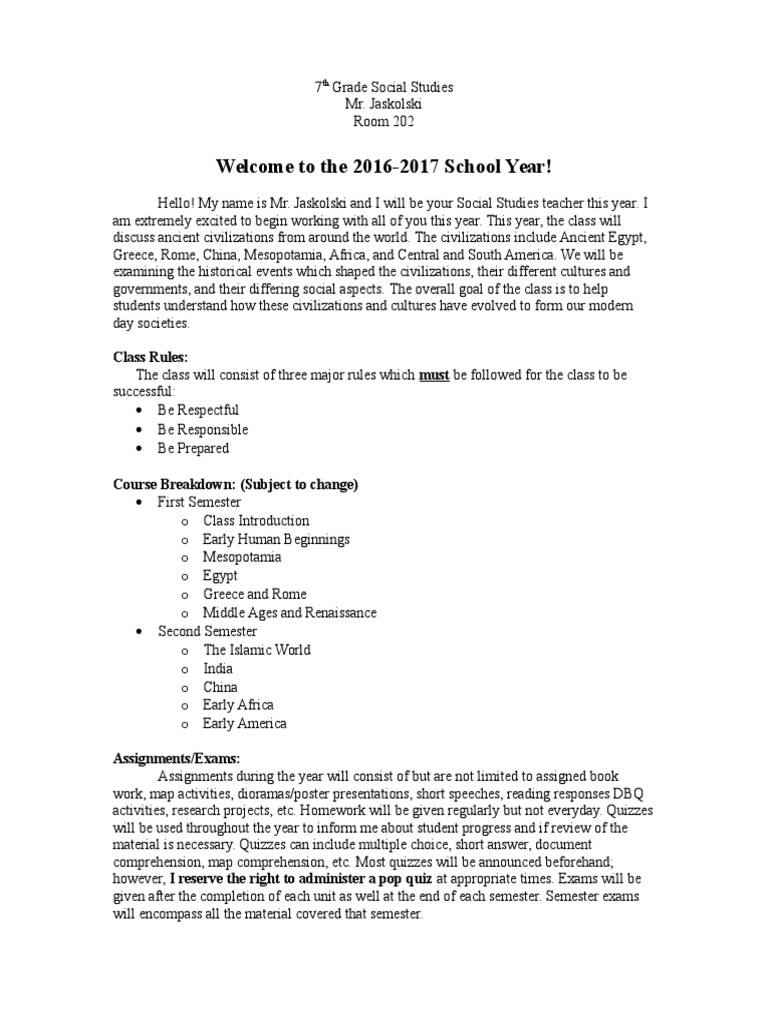 7th Grade Social Studies Syllabus | PDF | Homework | Further Education