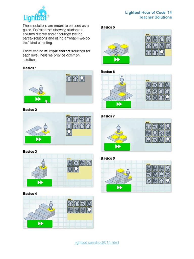 Basics 5: Lightbot Hour of Code 14 Teacher Solutions | PDF | Teaching ...