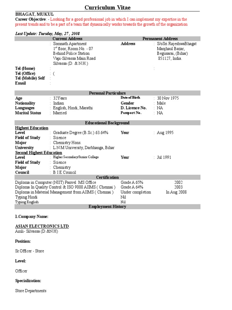 CV of Mukul Bhagat | PDF | Business