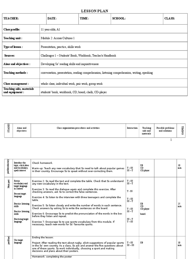Lesson Plan: Teacher: Date: Time: School: Class | PDF | Career & Growth ...
