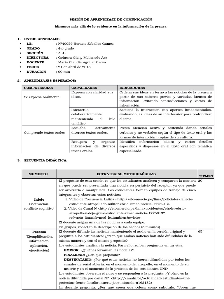 Sesión de Aprendizaje de Comunicación | PDF | Información | Aprendizaje