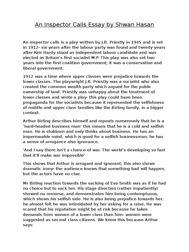 An Inspector Calls Essay by Shwan Hasan | PDF