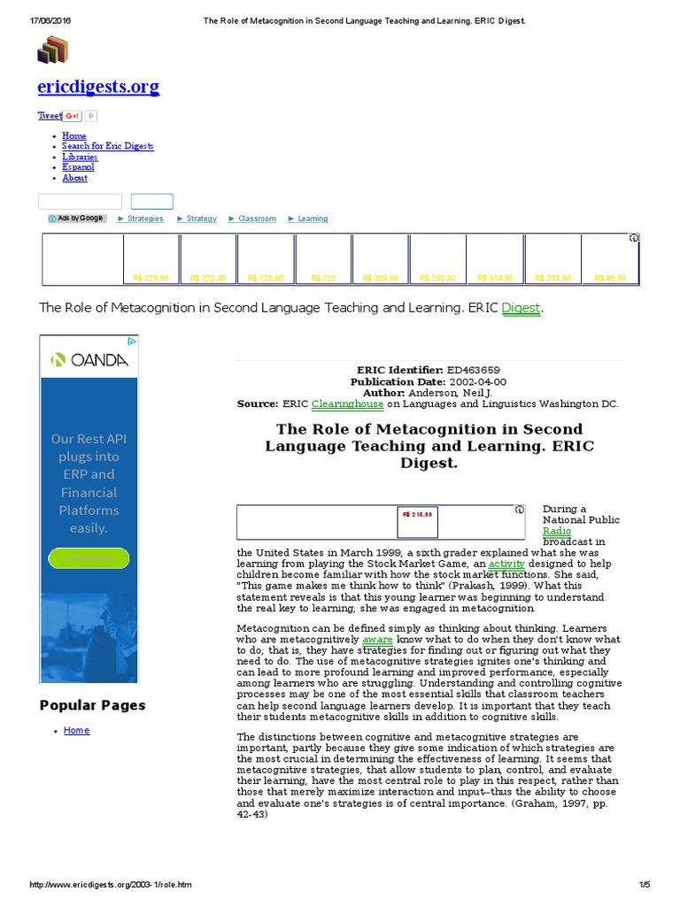 The Role of Metacognition in Second Language Teaching and Learning ...