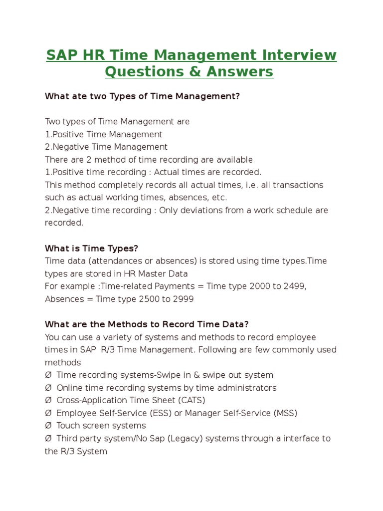 SAP HR Time Management Interview Questions & Answers | PDF | Payroll ...