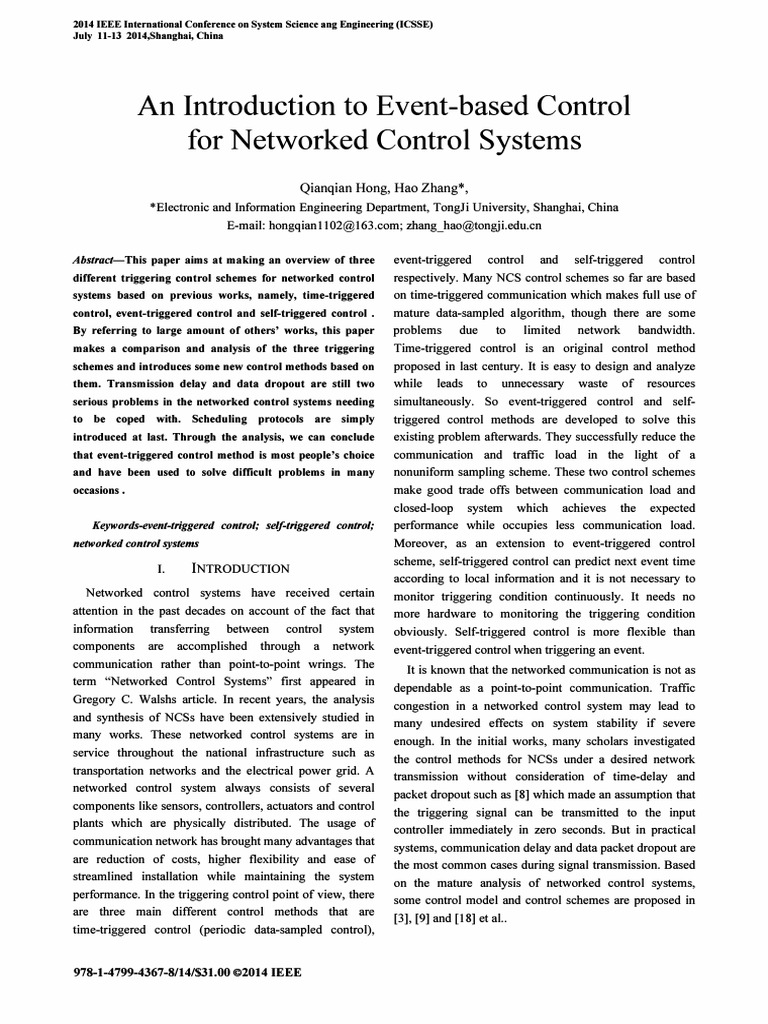 Articulo An Introduction To Event-Based Control For Networked Control Systems | PDF | Channel ...
