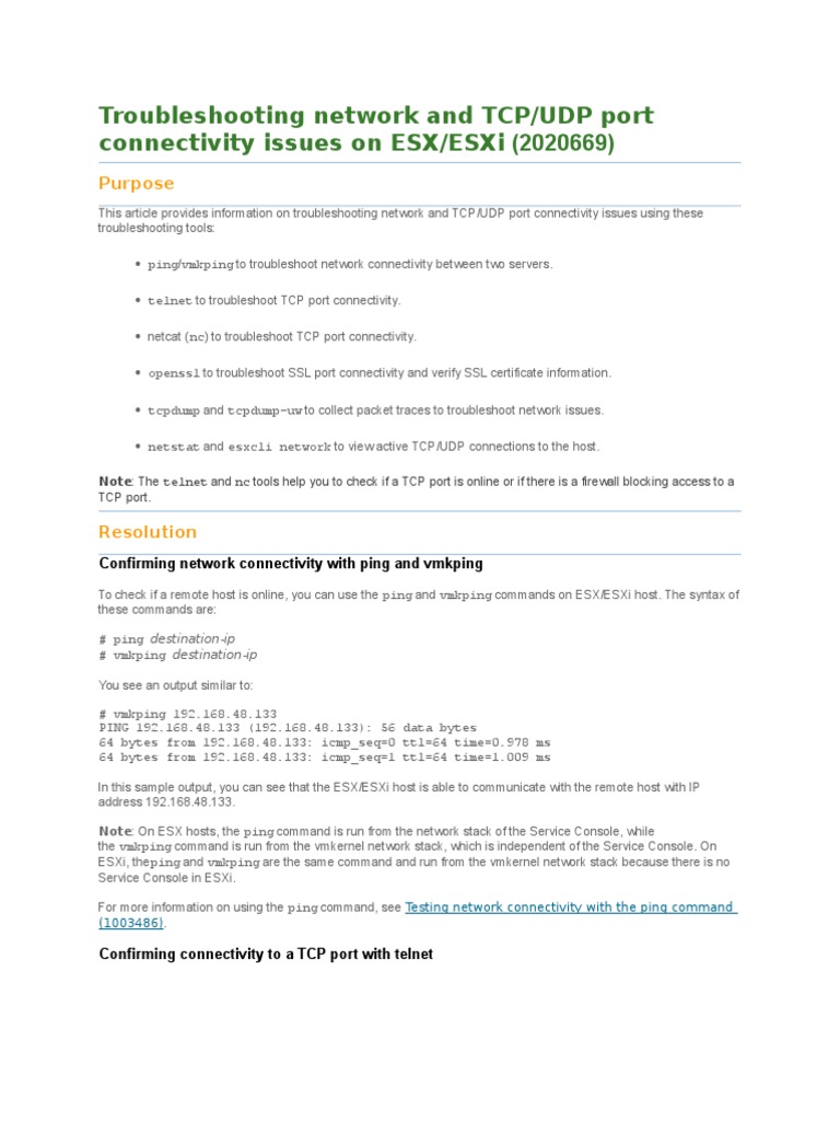 Troubleshooting Network And Tcp Udp Port Connectivity Issues On Esx Esxi Pdf Port Computer