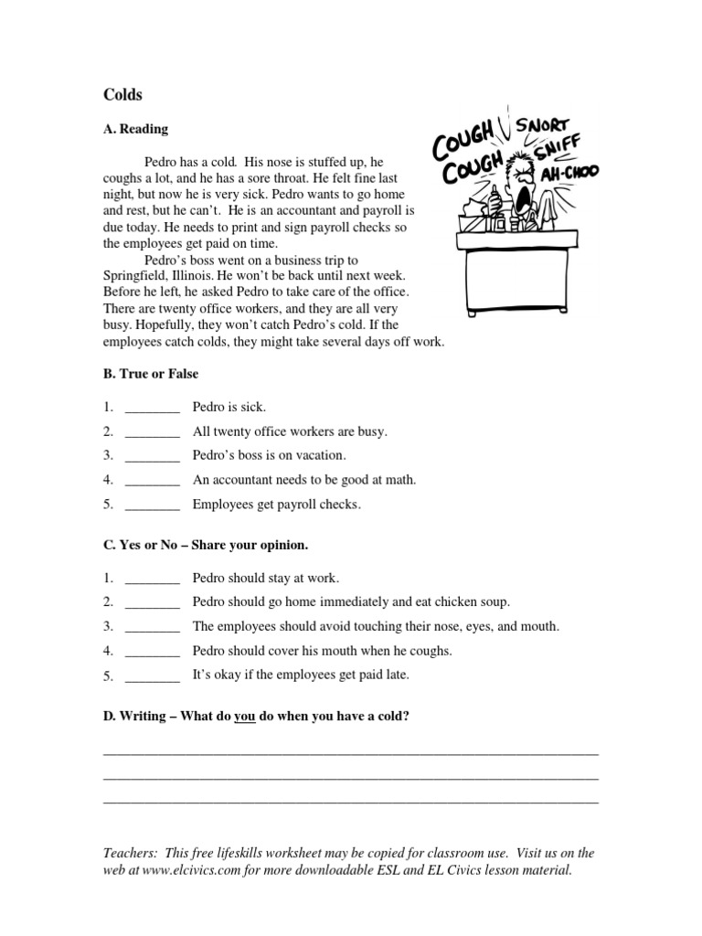 Colds: Teachers: This Free Lifeskills Worksheet May Be Copied For ...
