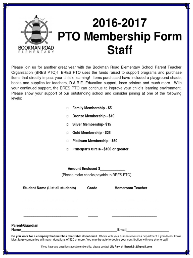 BRES PTO Membership Form 2016-2017 | PDF